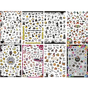 8 Sheets Halloween Nail Art Stickers Decals Self-Adhesive Pegatinas Uñas Cute Scream Horror Skull Spider Web Witch Nail Supplies Nail Art Design Decoration Accessories