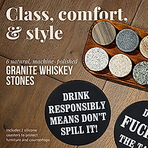 Mixology & Craft Whiskey Stones Set - 6 Circular Granite Bourbon Chilling Rocks - Great Whiskey Gifts for Men, Fathers, Groomsmen Gifts