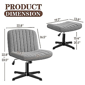 Kemon Armless Desk Chair No Wheels with Ottoman, Cross Legged Fabric Home Office Chairs, Height Adjustable Padded Wide Seat, Modern Swivel Computer Task Chair for Living Room, Grey
