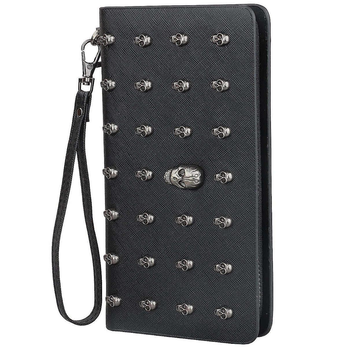 Women's Wallet Large PU Leather Clutch Purse Punk Studded Skull Ladies Wallet Credit Card Holder Organizer Wristlet (Skull)