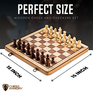 Chess Armory Premium Checkers and Chess Set - Wooden Board Game with a Portable Wood Case and Secure Storage for Pieces, Set for Kids and Adults (Beech Wood)