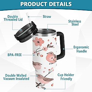 FRCSDIY Birds and Flowers Insulated Tumbler with Handle and Straw Lid,40oz Leakproof Stainless Steel Cup BPA-Free Water Bottle