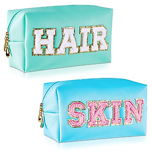 Patelai 2 Pcs Preppy Makeup Bags Chenille Letter Patch Bag Face Skin Hair Stuff Aesthetic Cosmetic Bag Travel Zipper Pouch Makeup Organizer Graduation Gift for Girls(Green, Blue, Hair, Skin)