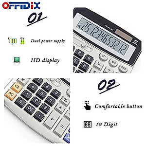 OFFIDIX Office Calculators Desktop Calculator,Basic Calculators, Solar Battery Dual Power Electronic Calculator Portable 12 Digit Large LCD Display Calculator Large Calculator