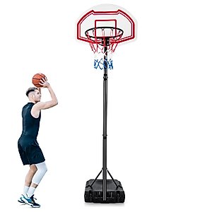 GYMAX Basketball Hoop, Outdoor Indoor 5.2-6.9 FT Adjustable Basketball Goal with Spare Net, Shatterproof Backboard, 2 Wheels, Portable Basketball Stand System for Kids Teens Adults, Gym Court Driveway