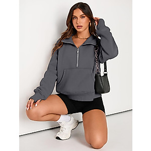 AUTOMET Womens Sweatshirts Half Zip Cropped Pullover Fleece Quarter Zipper Hoodies 2025 Fall Fashion Outfits Clothes DarkDrey X-Large