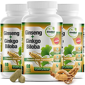 GreeNatr Ginko Biloba & Panax Ginseng Supplement - Red Ginseng Brain Supplement for Memory and Focus - Ginkgo Biloba Supplements for Good Vision, Immune System and Improved Blood Flow - 3 Bottles