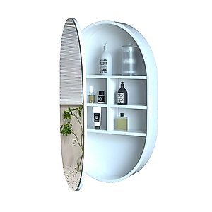 CHER-BUEATY Medicine Cabinet Bathroom Space Saver Storage Oval Cabinets with Mirror Surface Wall Mounted Solid Wood Circular Frame 4 Level 19.7 X 30.7 inch (Style B, White)
