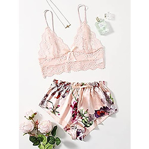 WDIRARA Women's Pajamas Set Lace Satin Lingerie with Cami Floral Shorts Sleepwear Pink M