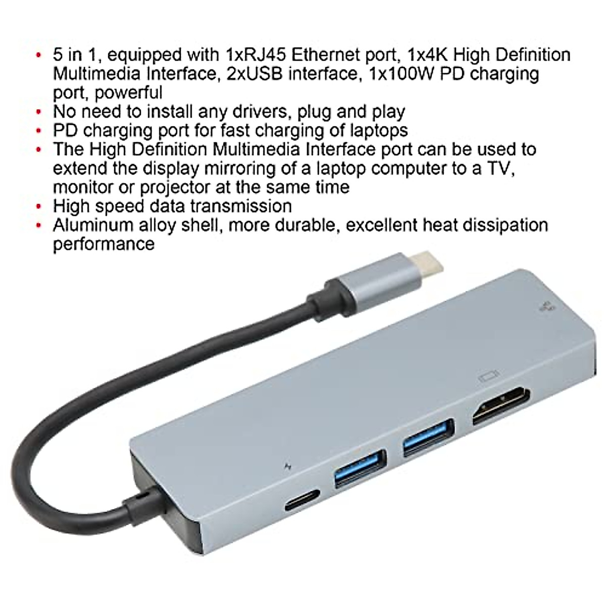 USB C Hub, 5 in 1 High Speed Data Transmission USB C Dongle, USB C to HDMI Multiport Adapter ,HD Multimedia Interface Ethernet Adapter for Windows XP/Vista/OS/ 10