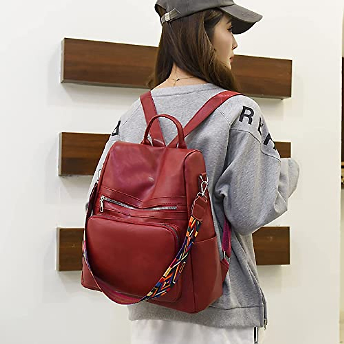 Leather Backpack Purse for Women Convertible Medium Design Travel Bag Ladies Casual College Fashion Tote Shoulder Bag(red)