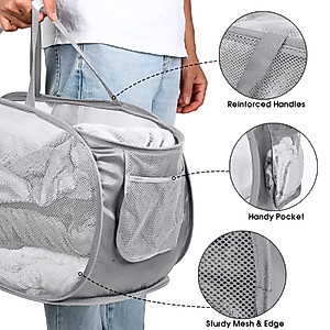 Durable Collapsible Laundry Baskets, Mesh Pop Up Laundry Hamper with Handy Pocket, Foldable Large Space Clothes Hamper with Reinforced Carry Handles for Laundry, Bathroom, Kids Room or Travel Grey
