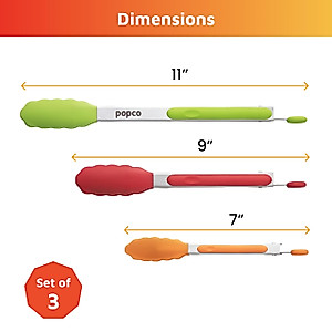 POPCO Tongs for Cooking - Set of 3 (7, 9, 12 inches) - Heavy Duty, 304 Stainless Steel BBQ and Kitchen Tongs with Silicone Tips (3 COLORS AVAILABLE)