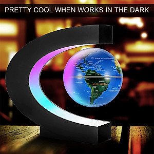 Magnetic Levitating Globe, Floating Globes with LED light, Anti Gravity World Map with C Shape Base, Desk Gadget Decor in Office/Home, Educational/Birthday Gifts for Kids