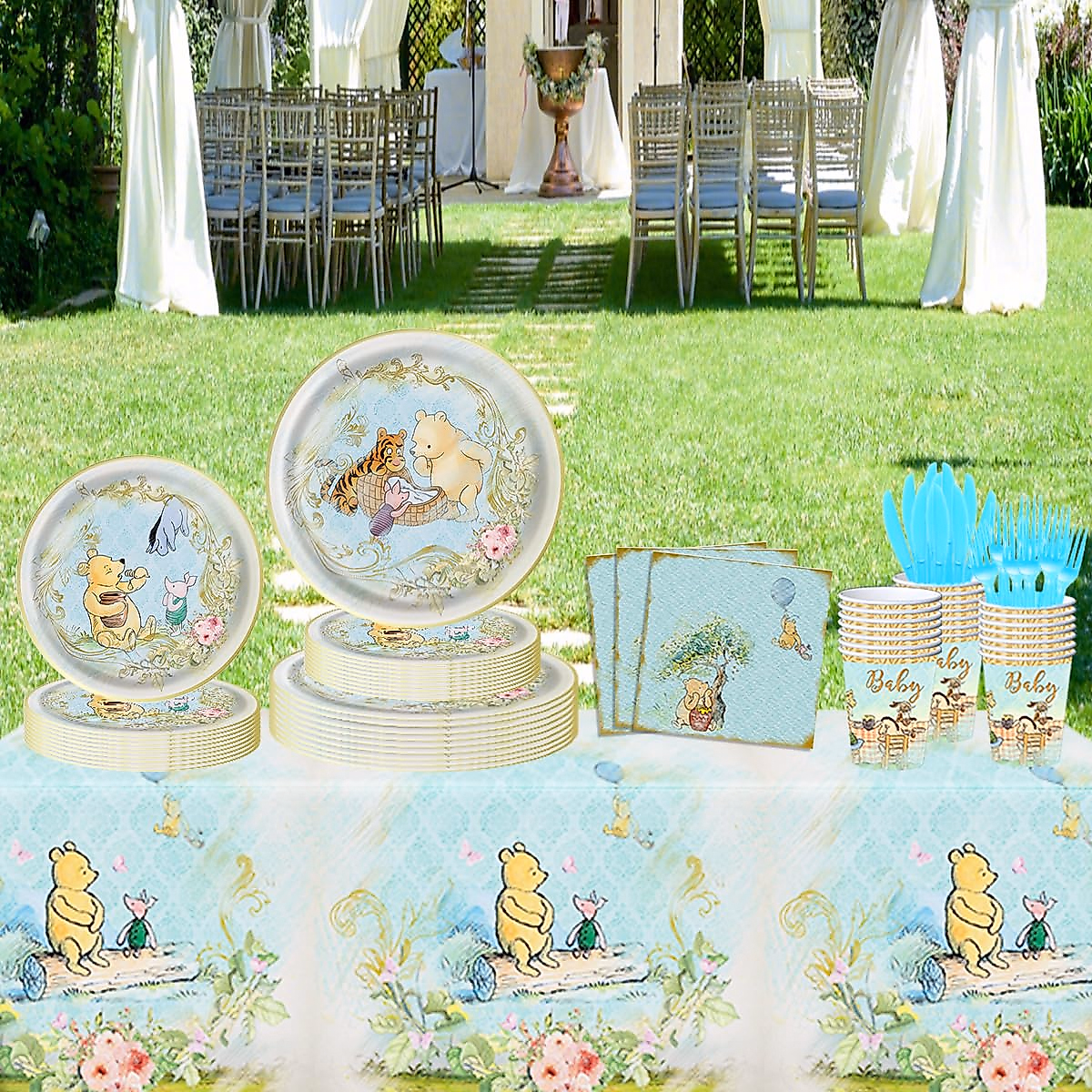 CAILESS Blue Winnie Bear Baby Shower Decorations, 156pcs Classic The Pooh Bear Baby Shower Party Supplies Included Plates Cups Napkins Cutlery Tablecloth Set Serves 25 Guests for Newborn Boy Birthday