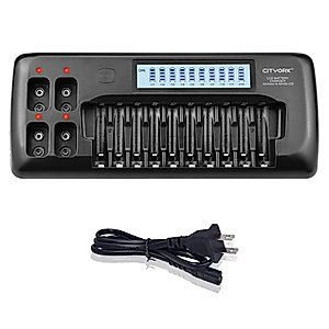CITYORK 10+4 Bay Smart LCD Universal Battery Charger for Rechargeable AA AAA NIMH/NICD & 9V NIMH/NICD/Lion Rechargeable Batteries, Fast Charging