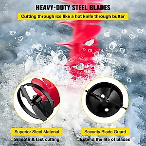 VEVOR Ice Drill Auger, 8" Diameter Nylon Ice Auger, 39" Length Ice Auger Bit,Auger Drill with 11.8" Extension Rod,Auger Bit w/Drill Adapter,Top Plate & Blade Guard for Ice Fishing Ice Burrowing Red