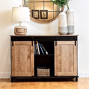 glitzhome Rustic Wine Cabinet with Storage 3-Sections Wood Bar Cabinet with Wine Storage Home Bar Liquor Alcohol Corner Cabinet with Barn Doors Wine Display Sideboard for Kitchen Dining Room, 47.2”L