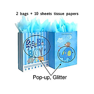 12.5" Medium Baby Gift Bags with Tissue Papers for Baby Showers 2-Pack (Blue)