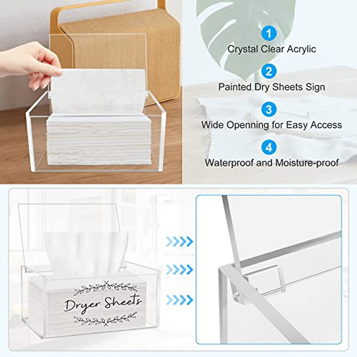 Laundry Dryer Sheet Container with Lid- Clear Acrylic Dryer Sheet Dispenser for Storage Fabric Softener Sheets, Transparent Container Storage Box Dryer Sheet Holder for Laundry Room Organization