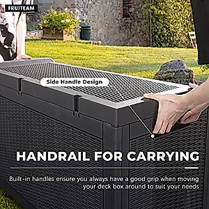 FRUITEAM 100 Gallon Patio Deck Box Outdoor Storage Box with Soft Cushion, Lockable Resin Storage Bin Weather Resistant for Patio Furniture Pillows, Pool Toys, Garden Tools