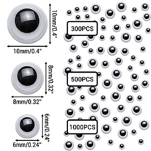 1800 Pieces Wiggle Googly Eyes Plastic Black and White Bulk Self Adhesive Googly Eyes Mixed Size 6mm 8mm 10mm for DIY Art Crafts Scrapbooking Dolls Puppets Invitation Cards