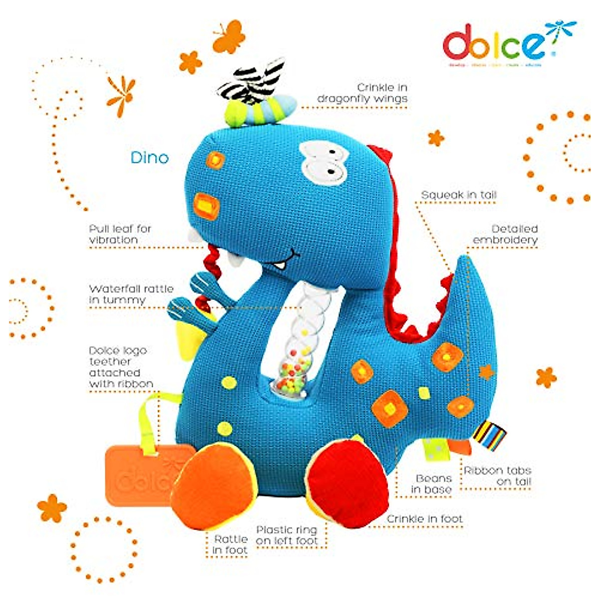 Dolce Play and Learn Dino Interactive Stuffed Animal Plush toy 14", educational sensory holiday gift for kids