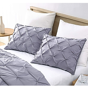 Chezmoi Collection Natalia 3-Piece Pom Poms Fringe Pinch Pleat Duvet Cover Set - Hypoallergenic Soft Washed Microfiber Comforter Cover with Button Closure and Corner Ties - Queen, Purple