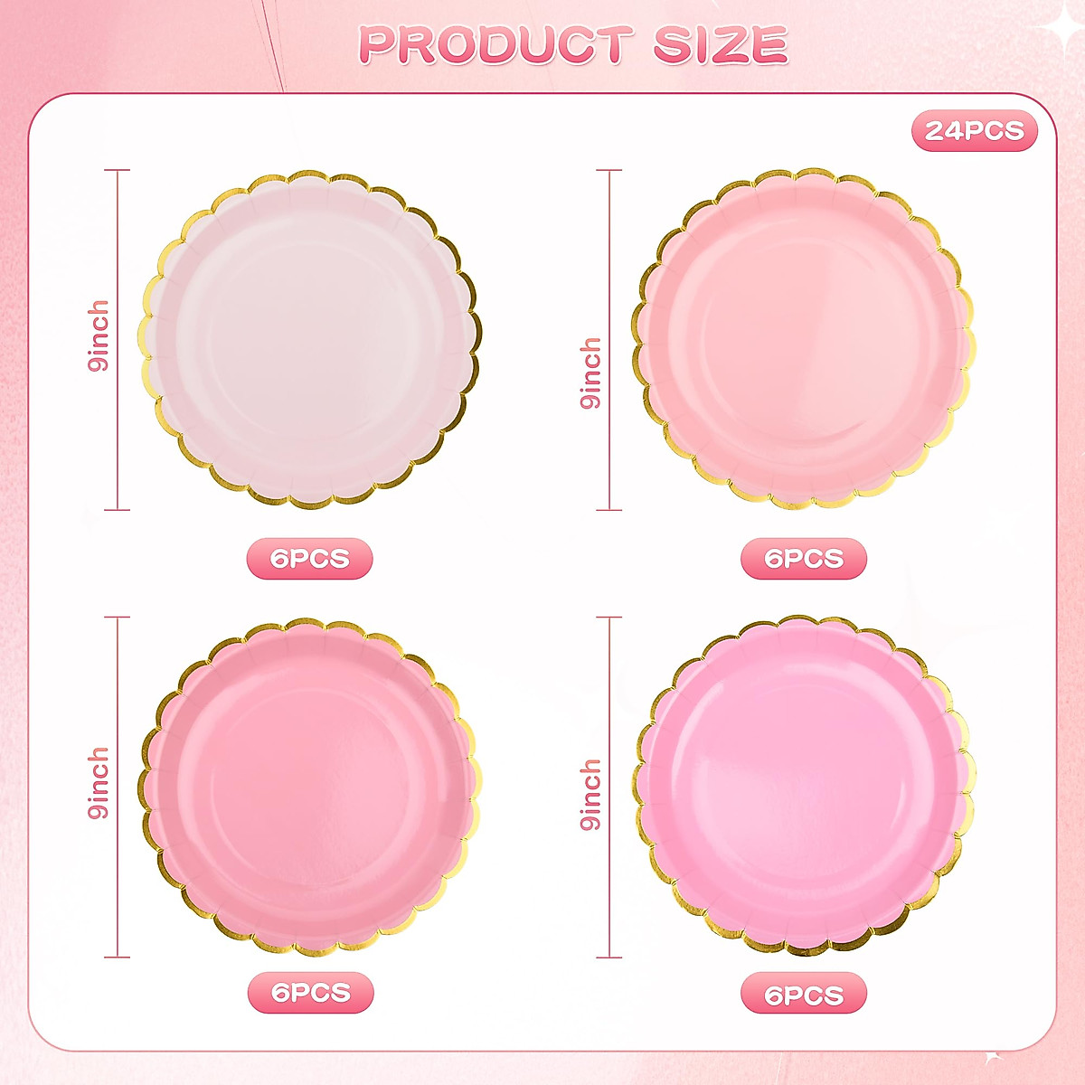 AimFun Pink Scalloped Party Plates Gold Foil Border Paper Plates Disposable 9inch Gradient Pink Plates for Pink Bow Birthday Coquette Bridal Baby Shower Party Supplies (24, Pink)