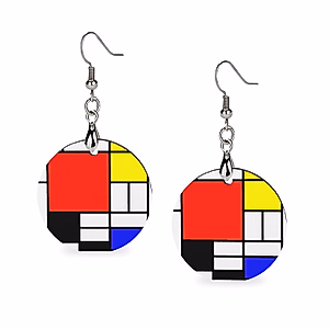 Mondrian Style Round Wooden Earrings Pendant Retro Dangle For Women Girl's