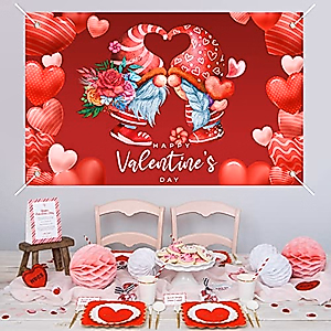 3.7x6Ft Valentines Day Backdrop Banner Romantic Love Heart with Gnomes Happy Valentine's Day Sign Photography Background Photo Booth Props for Proposal Bridal Shower Wedding Party Decorations Supplies