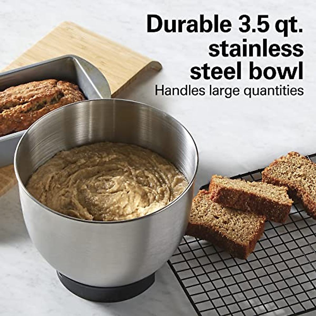 Hamilton Beach 6 Speed Electric Stand Mixer with Stainless Steel 3.5 Quart Bowl, Planetary Mixing, Tilt-Up Head (63326), 300W Motor, Grey and Chrome