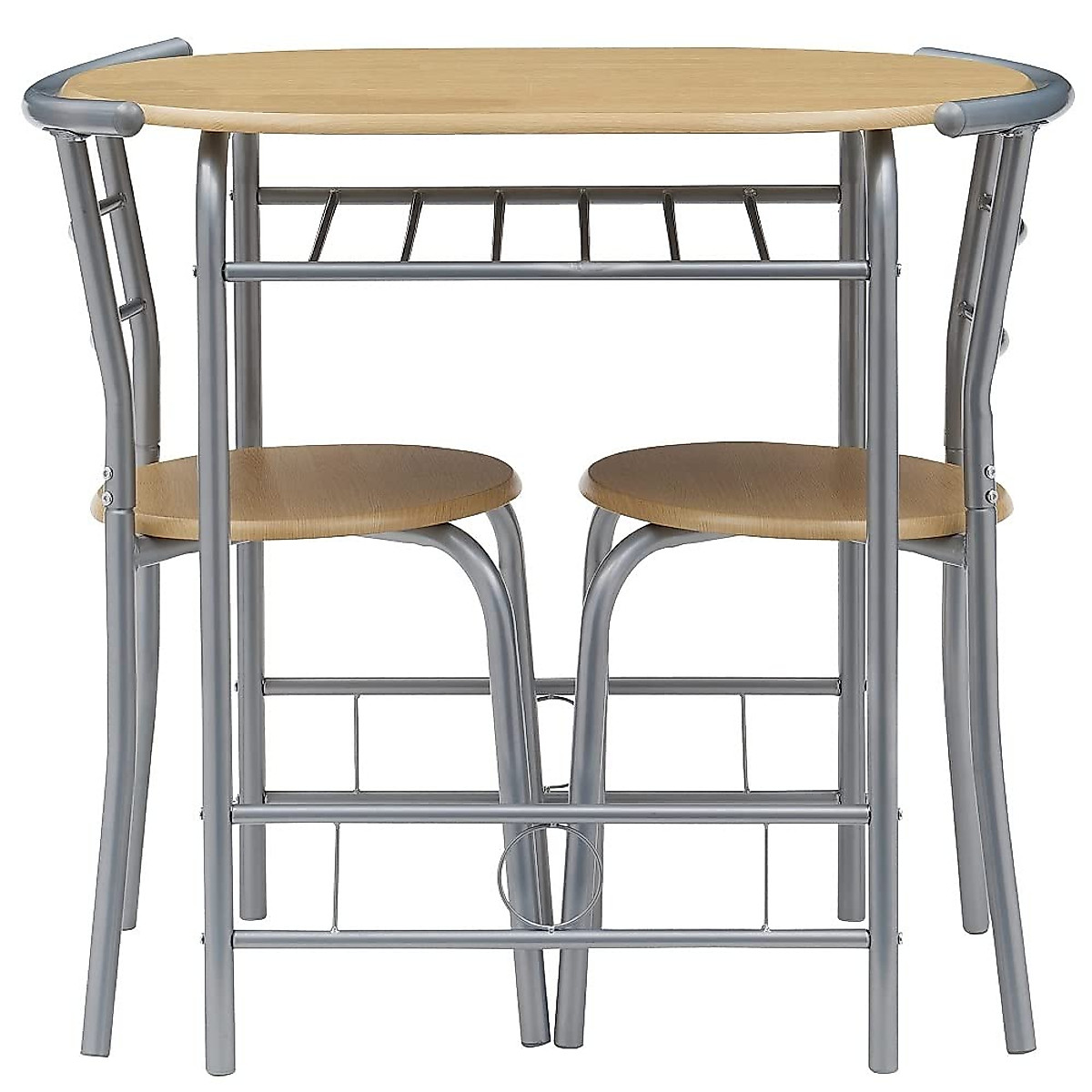 VECELO 3 Piece Wood Round Table & Chair Set for Dining Room Kitchen Bar Breakfast, with Wine Storage Rack, Space Saving, Natural