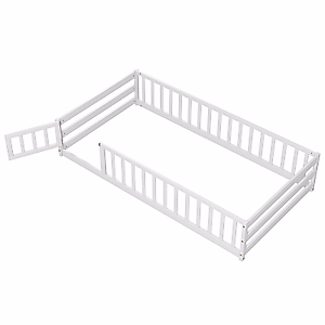 Giantex Twin Floor Bed with Door & Fence, Kids Wood Montessori Bed with Safety Guardrails, Floor Bed Frame for Kids, Boys, Girls, No Box Spring Needed, Floor Bed Twin (White)