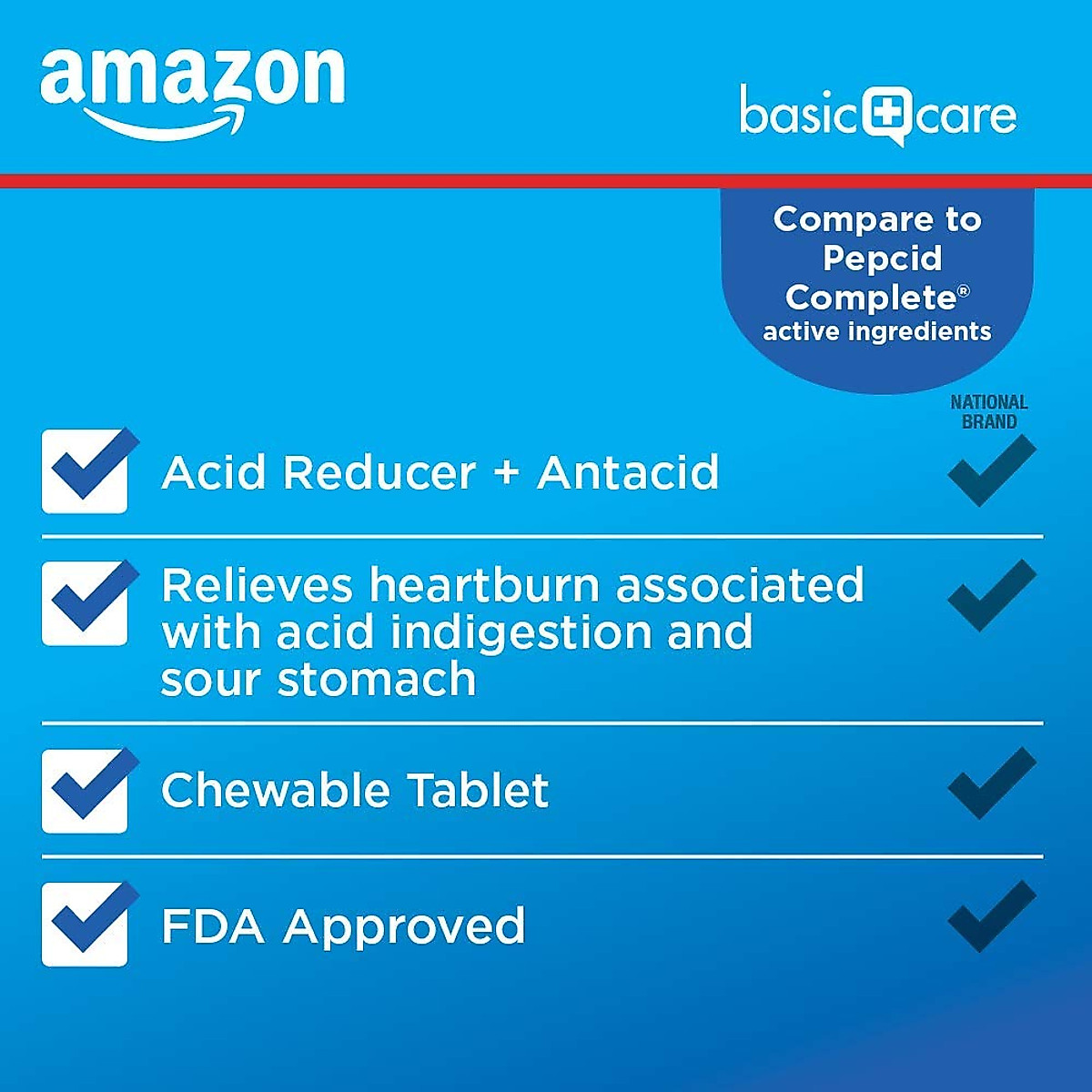 Amazon Basic Care Dual Action Complete, Chewable Acid Reducer Plus Antacid Tablets, Berry Flavor, Heartburn Medicine, Acid Indigestion Relief, 50 Count