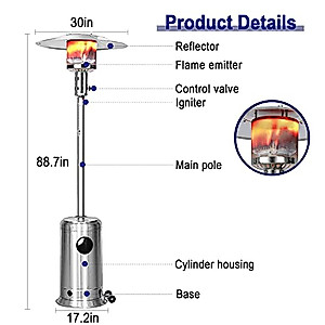 PIONOUS Outdoor Standing Patio Heater with Wheels, Powerful 48,000 BTU for Parties, Camping, Dining, Gardens, Cruises Homes - 9 Set, Silver