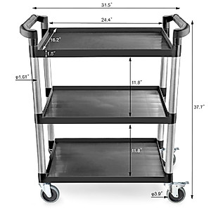 New Star Foodservice 54538 250-Pound Plastic 3-Tier Utility Bus Cart with Locking Casters, 32" x 16" x 38", Black