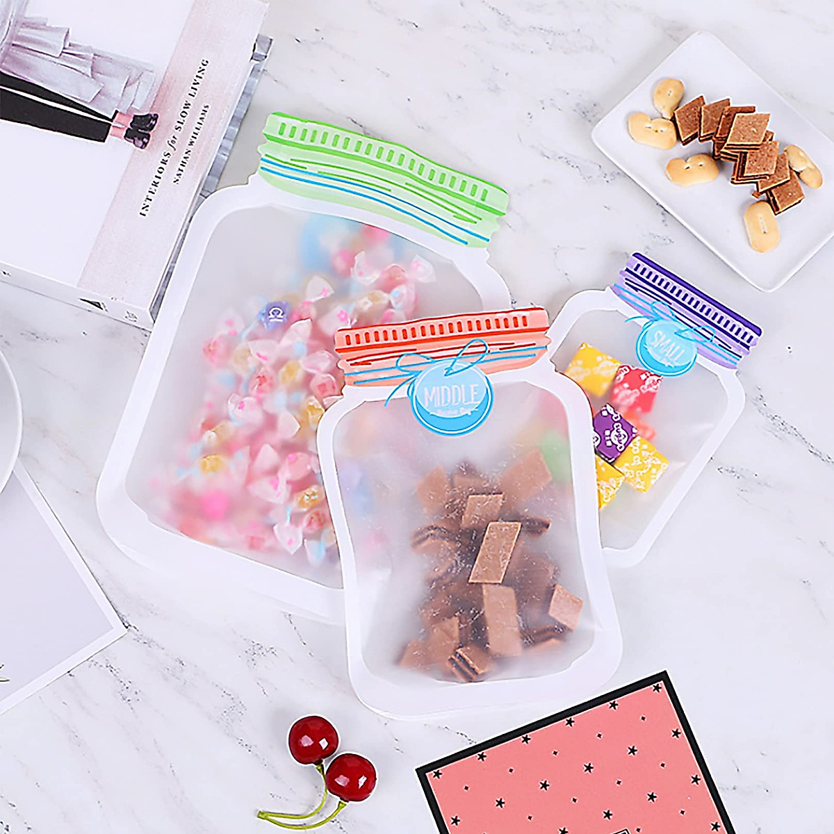 Enkrio 30 Pcs Mason Jar Zipper Bags Reusable Snack Bags Airtight Seal Bags for Kitchen Picnic (5S 10M 15L)