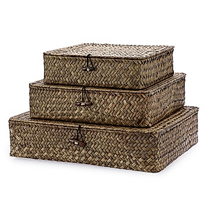 GUSHBIN Set of 3 Seagrass Storage Bins with Lid Flat Wicker Storage Basket Handwoven Decorative Baskets Boxes Household Organizer for Shelf Closet Bedroom (Coffee Color)