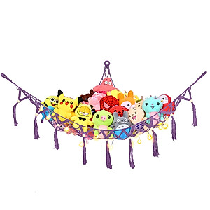 KOHUIJOO Stuffed Animal Net or Hammock Macrame Toy Hammock for Stuffed Animals With Lights Plush Toy Storage Hammock Corner Hanging Mesh Net Boho Nursery Organizer for Kidroom Playroom Purple