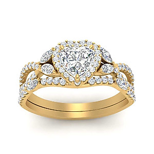 CaratYogi Heart Halo Bridal Ring Set 14k Yellow Gold Plated Created Cubic Zircon Heart shape White color Wedding Ring Sets pave Setting in Size 12 Minimal Surprise Gifts for Ladies
