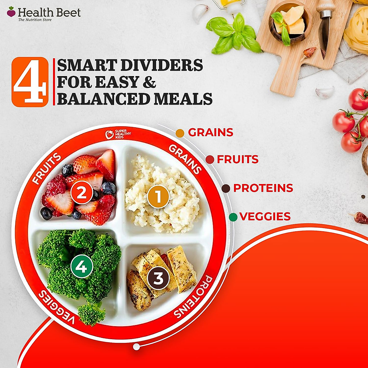 Health Beet MyPlate Portion Control Plate – 4 Divided Sections for Fruit Grains Veggies Proteins - Dishwasher & Microwave Safe Sectioned Plates for Health Education (1-Pack)