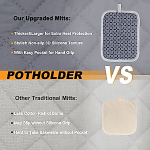 VHAUSE Pot Holders with Pocket Set of 4 - Soft Cotton Hot Pads with Non-Slip Silicone Grip and Hanging Loop - Heat Resistant Kitchen Potholders Trivet Mats for Hot Pots Pans Oven Gray