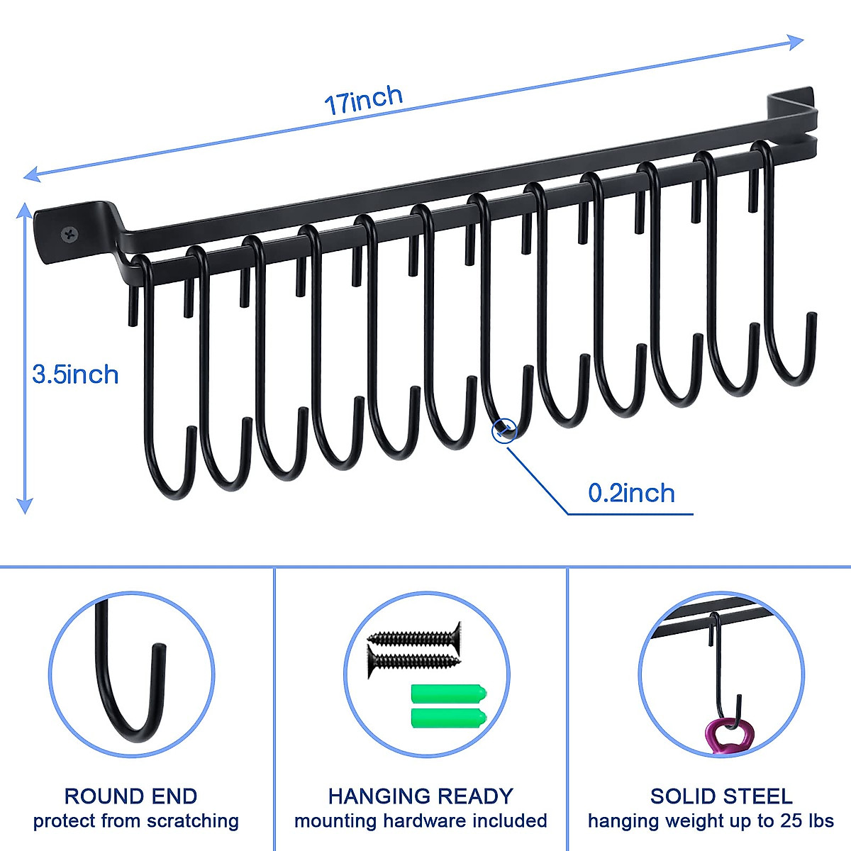 Pots and Pans Hanging Rack Wall Mounted,Kitchen Utensil Hanger with 12 Pack Black S Hooks for Hanging Spatulas Measuring Spoons Tools Coffee Mug,Anti-Drop Kitchen Wall Rack Rrganizer -17 Inch