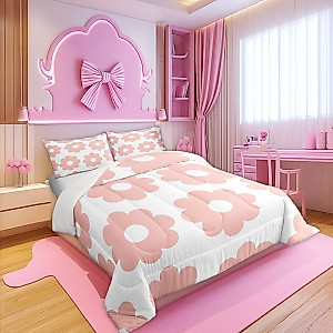 Manfei Girly Pink Bedding Set for Boys Girls, 70s Groovy Daisy Flowers All Season Cozy Comforter Set Full Size, Cute Cartoon Floral Duvet Set Bedroom Décor,Gift for Kids