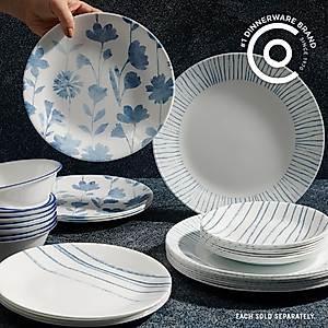 Corelle 6-Piece 10.25" Vitrelle Glass Dinner Plates, Lightweight, Chip/Scratch Resistant - Botanical Stripes