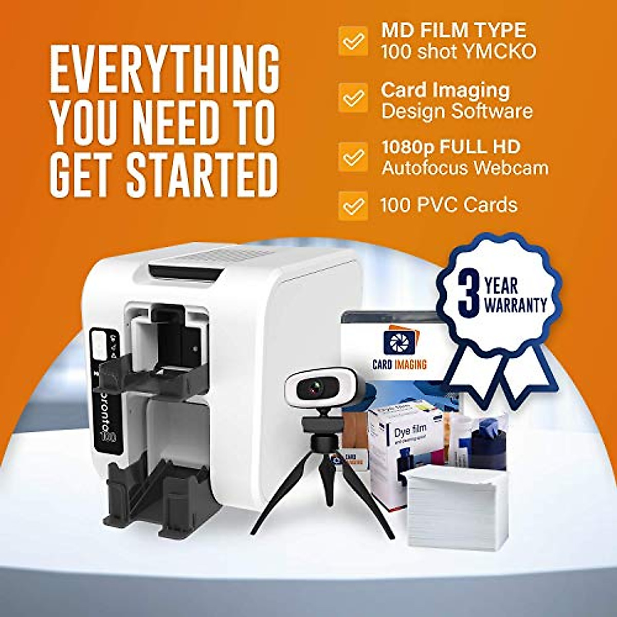 Magicard Pronto100 Single Side ID Card Printer & Supplies Package Badge Maker Machine (3100-0001) (Standard Package w/Web Camera)