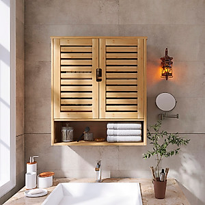 SMIBUY Bathroom Cabinet Wall Mounted, Bamboo Over-The-Toilet Storage Organizer, Space Saver Medicine Cabinet with 2 Door and Adjustable Shelves (Natural)