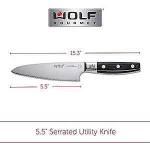 WOLF GOURMET 5.5" Serrated Knife, Ergonomic for Comfort and Control, Forged High-Carbon Stainless Steel, 12.5 Degree Angle, Durable (WGCU156S)