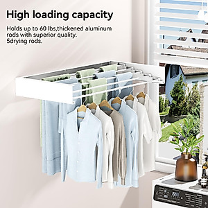 Wall Mounted Clothes Drying Rack, Laundry Drying Rack Collapsible,31.5" Wide,5 Aluminum Rods, 60 lb Capacity, Laundry Racks for Drying Clothes with Wall Template,for Indoor & Outdoor Organization